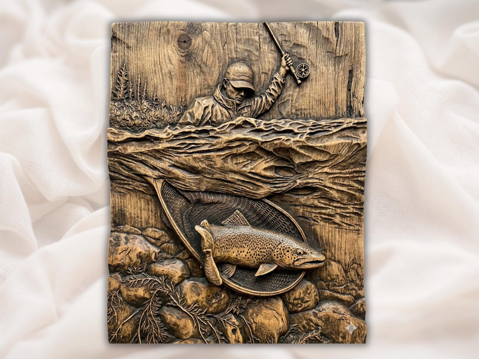 Fly Fishing 3D Relief STL | Trout in Net Cutaway River Scene Panel ...