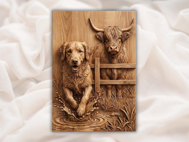 Farm Dog & Highland Cow 3D Relief STL | Cute Country Barnyard Wall Art ...