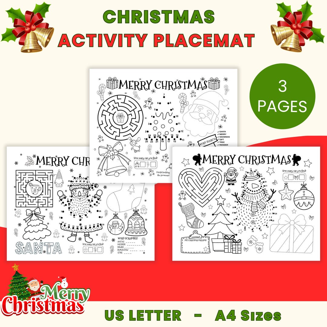Christmas Activity Placemat, Xmas Coloring Placemat, Printable Holiday ...