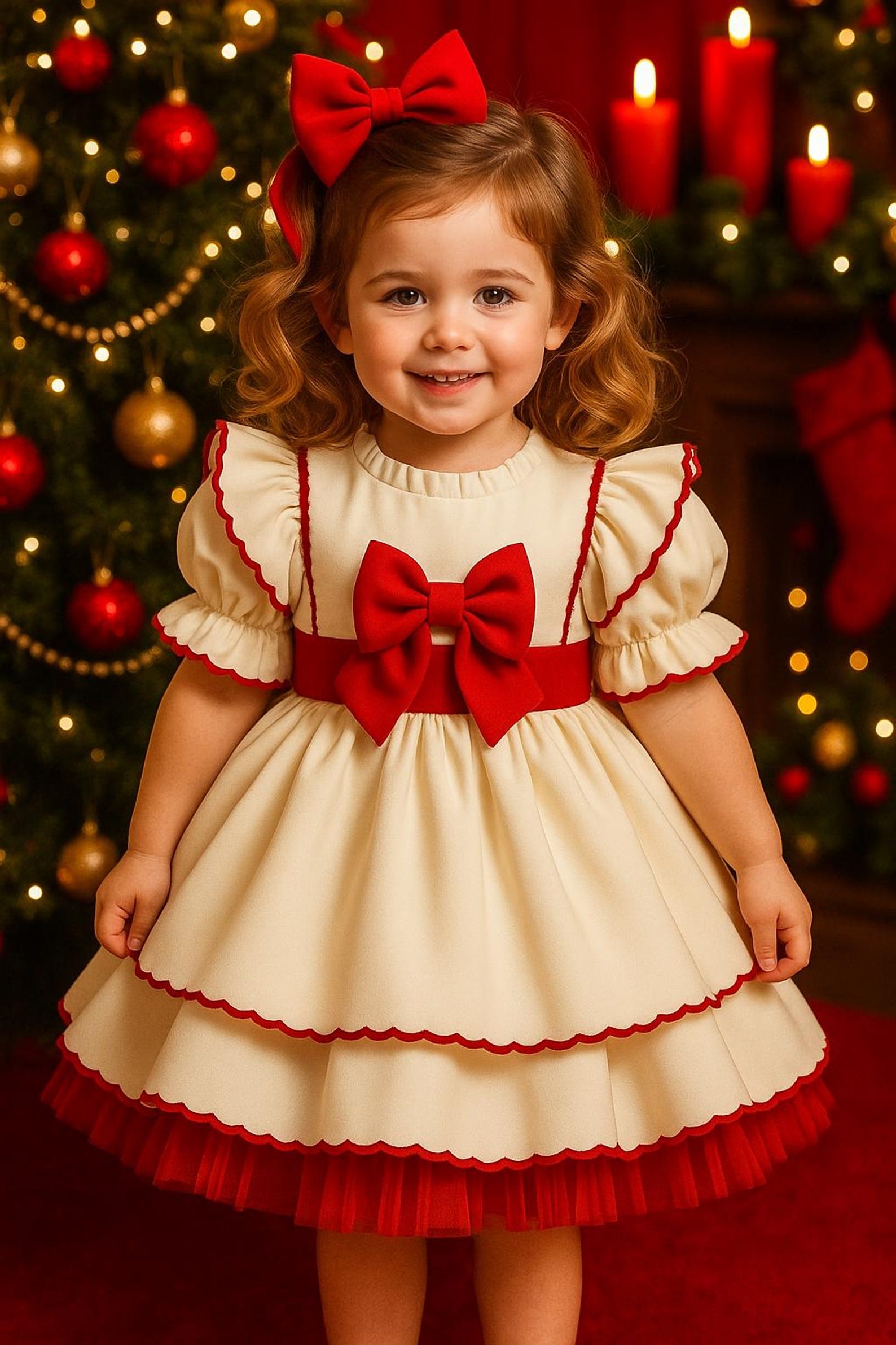 Girls Christmas Dress – Ivory Red Holiday Outfit With Bow – Toddler ...