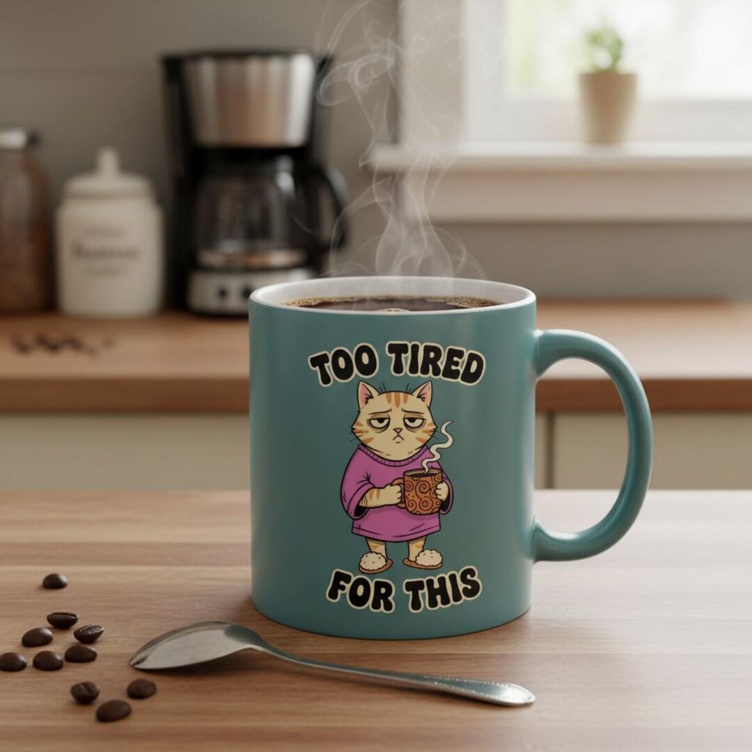 Too Tired for This Cat Mug, Funny Tea Cup, Grumpy Morning Cat Mug, Mom ...
