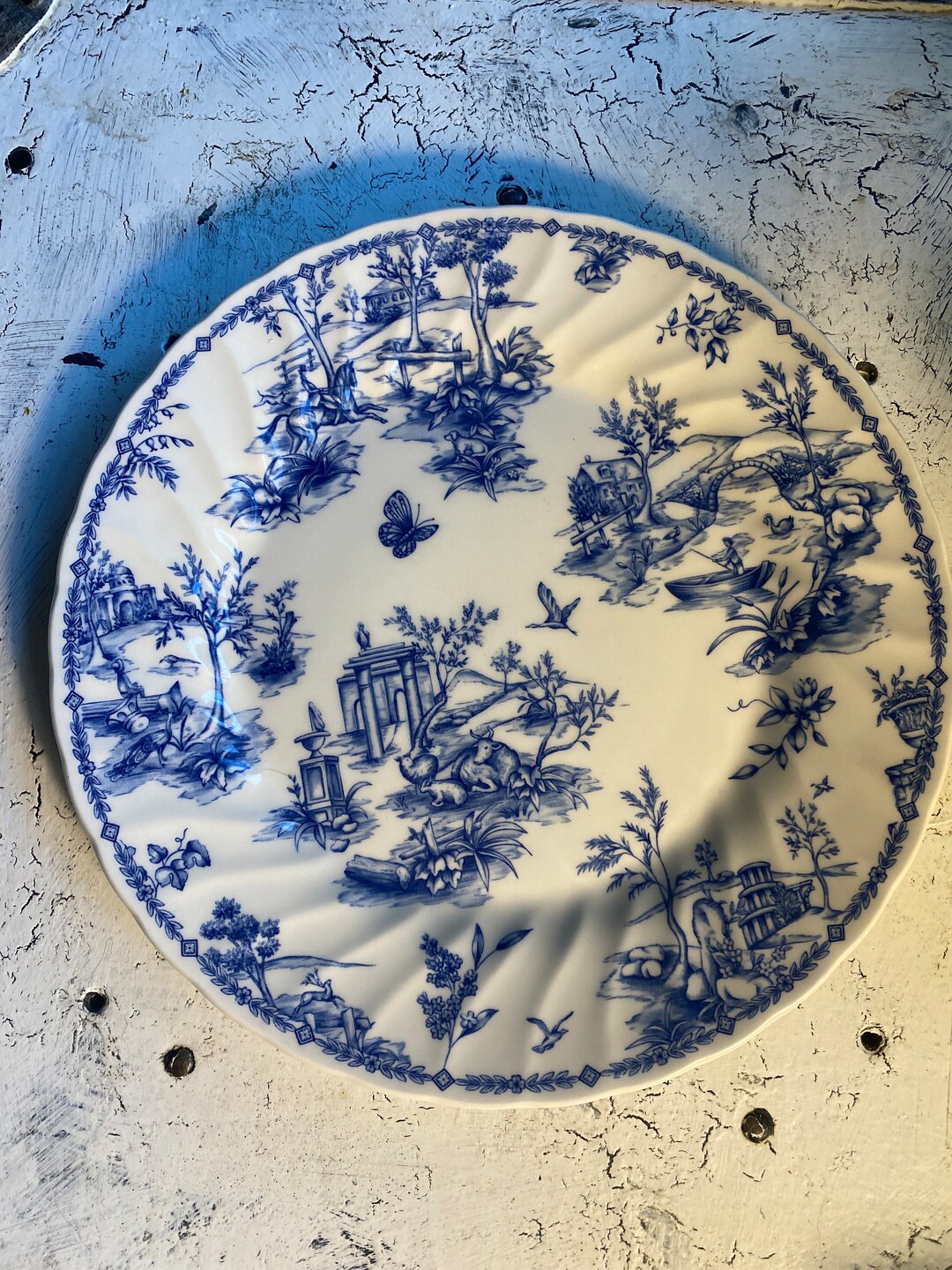 Churchill China Co 10" Toile Blue Scalloped - Etsy