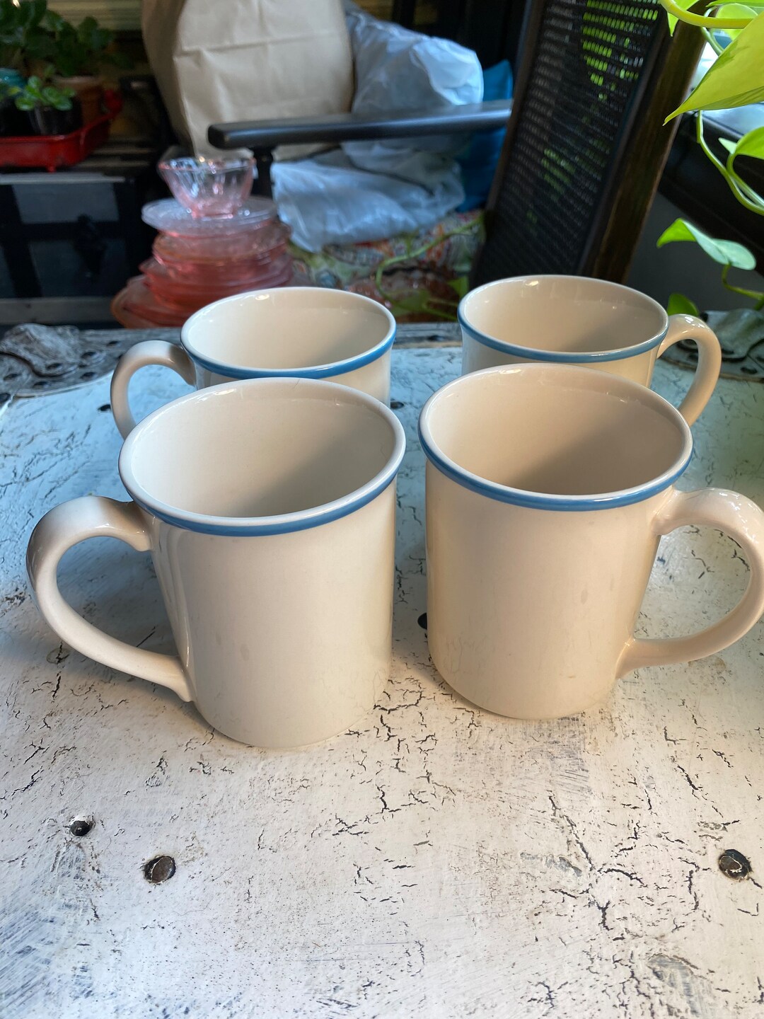 4 Corning Mugs 10 Oz.beige With Blue Rim - Etsy