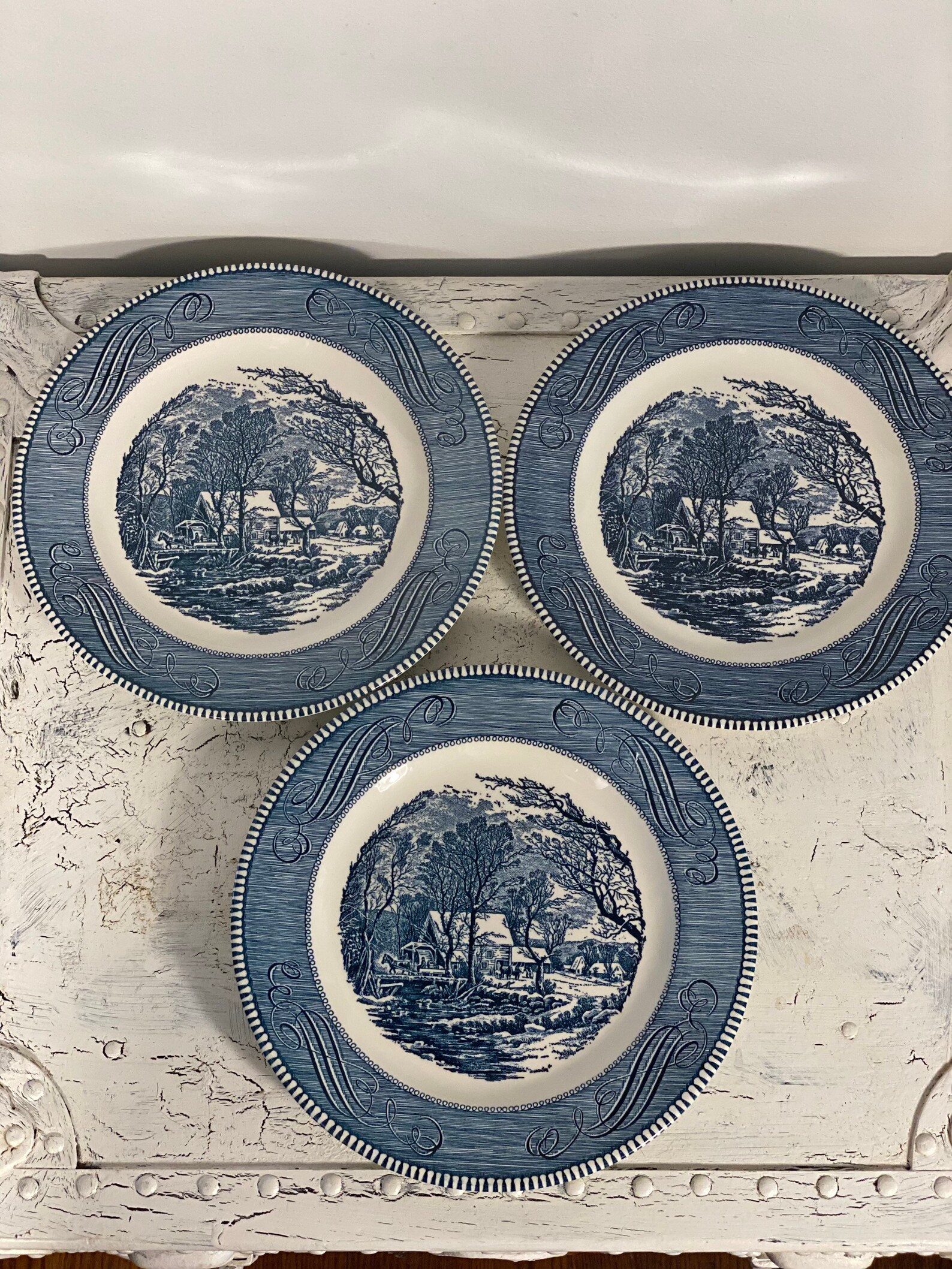 3 Royal China USA Currier & Ives "the Old Grist Mill" 10" Dinner Plates ...
