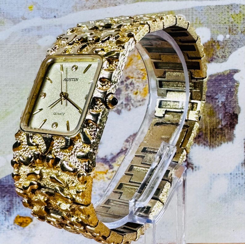 Vintage Austin Quartz Nugget Watch Gold Tone Wide Cuff Bracelet Retro ...