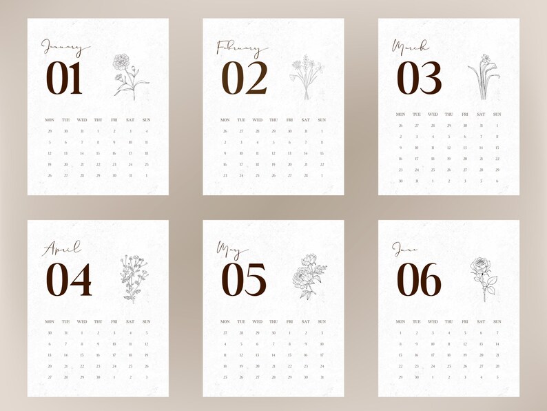 2026 Minimalist Calendar Printable, Digital Download, Monthly Flower ...