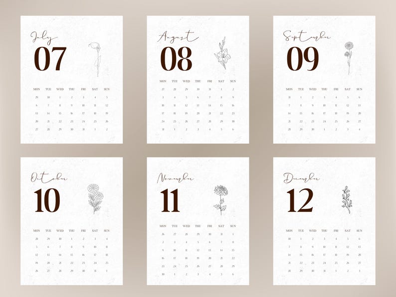2026 Minimalist Calendar Printable, Digital Download, Monthly Flower ...