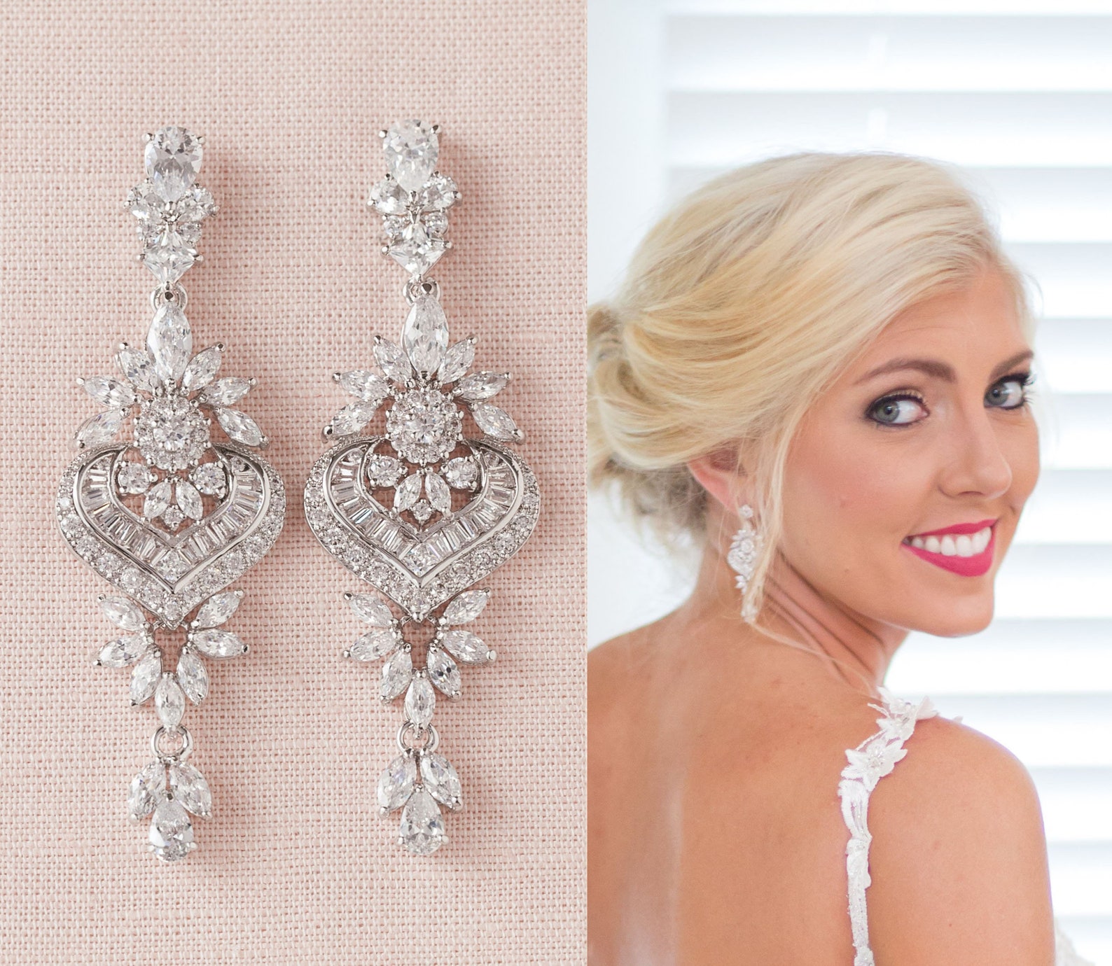 Bridal Earrings, Chandelier Crystal Wedding Earrings, CLIP ON Rose Gold ...