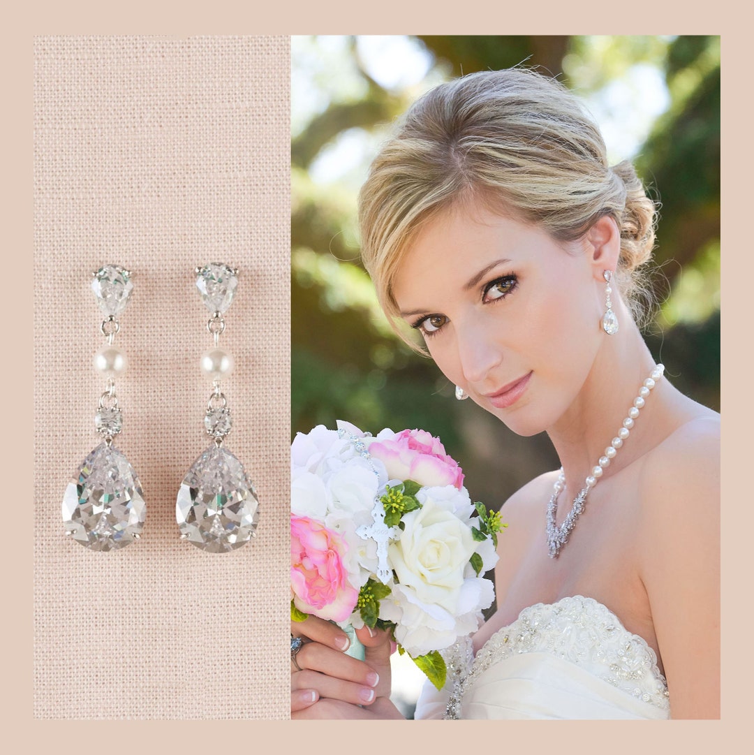 Pearl Crystal Bridal Earrings, Wedding Earrings, Swarovski Pearl Long ...