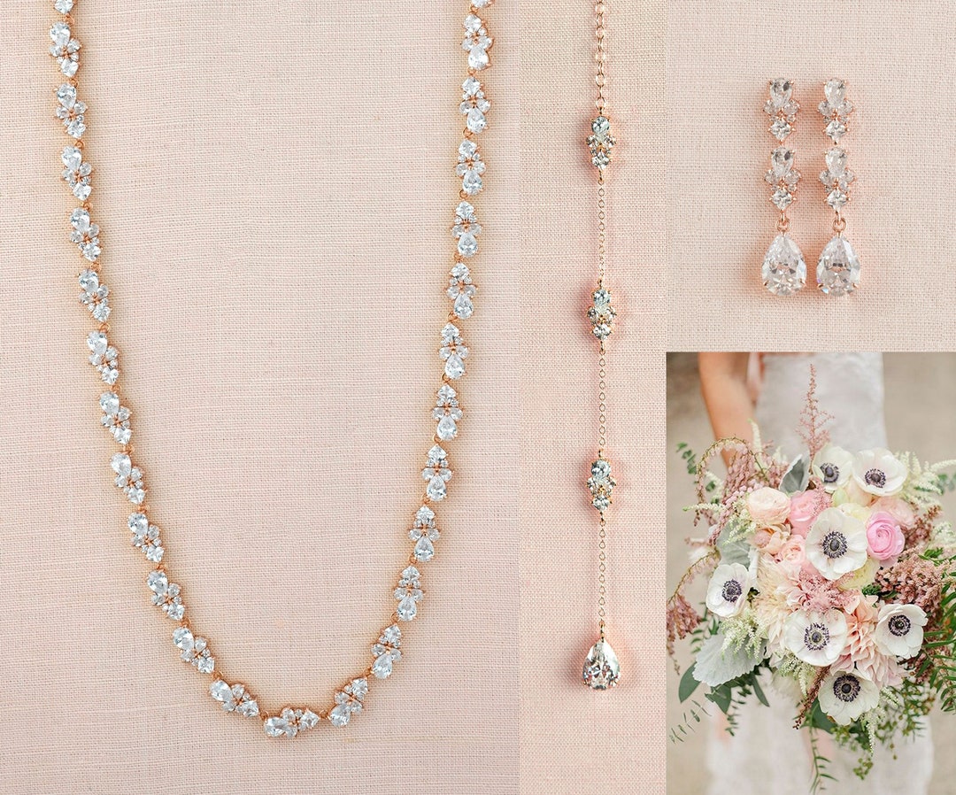 Rose Gold Back Necklace Bridal Backdrop Necklace, Crystal Leaf Necklace ...