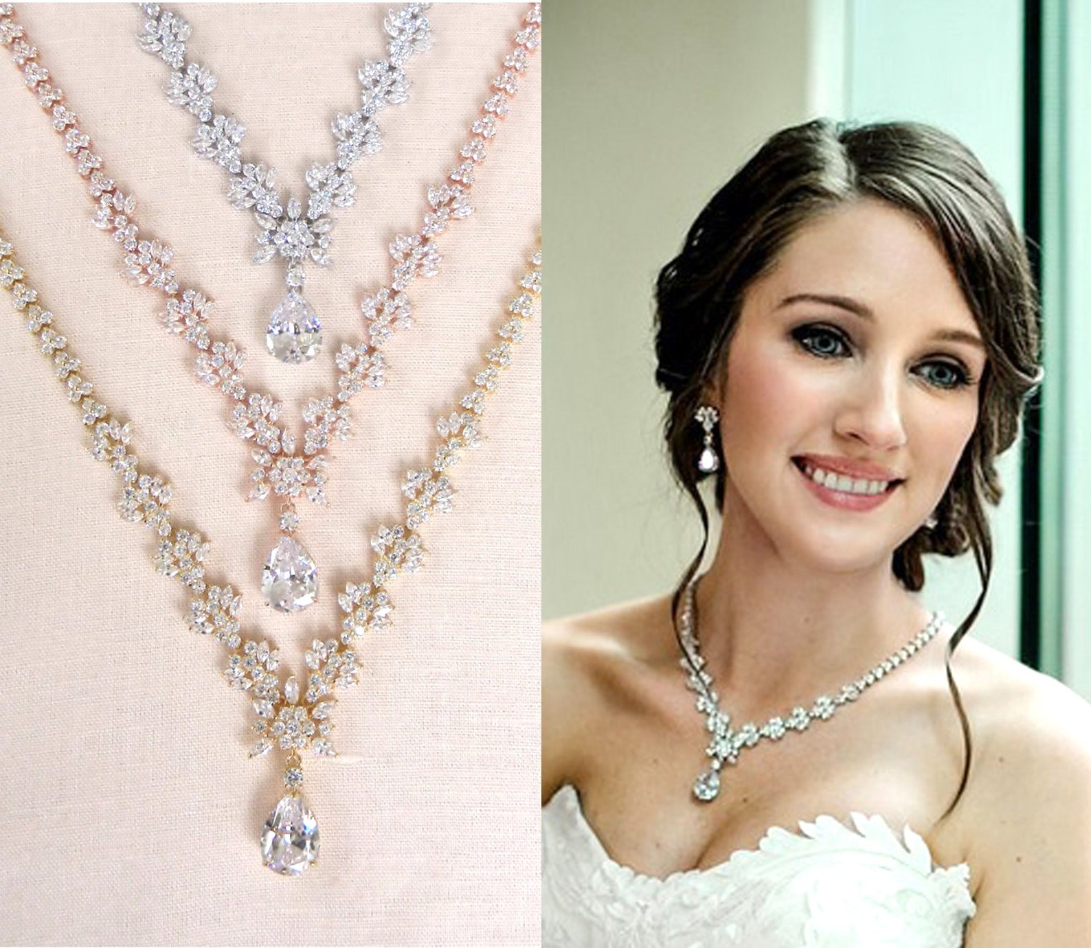 Backdrop Bridal Necklace Gold Wedding Jewelry Set Crystal Etsy