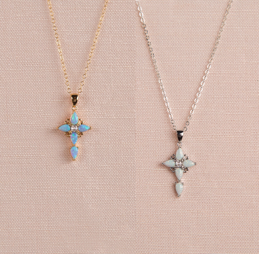 Opal Cross Pendant, Blue Opal Necklace, White Opal, Infinity Cross ...