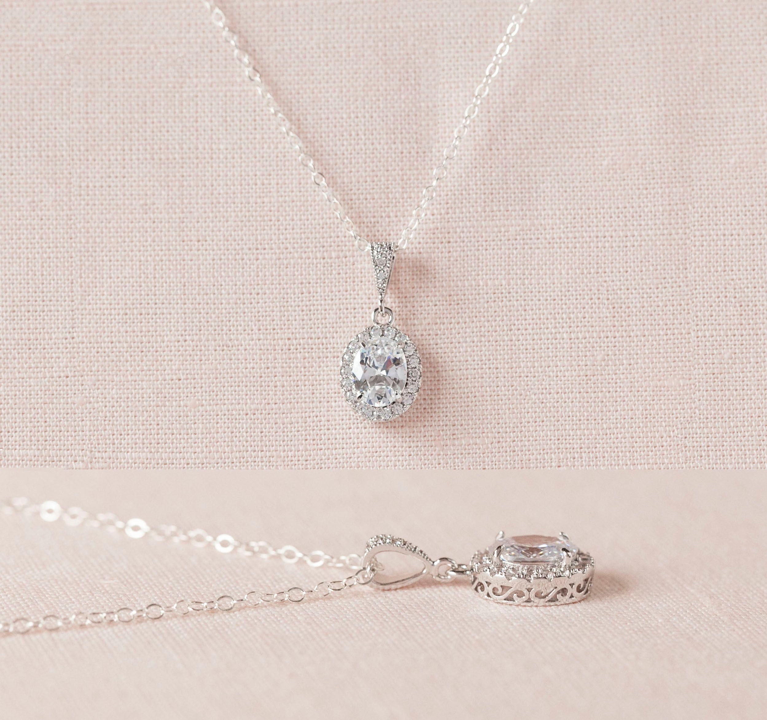 Oval Wedding Necklace Crystal Bridal Pendant Filigree | Etsy