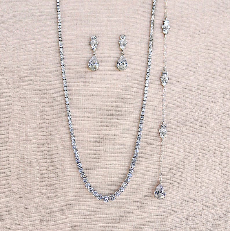 Simple Bridal Necklace, Backdrop Wedding Jewelry, Gold Bridal Earrings ...