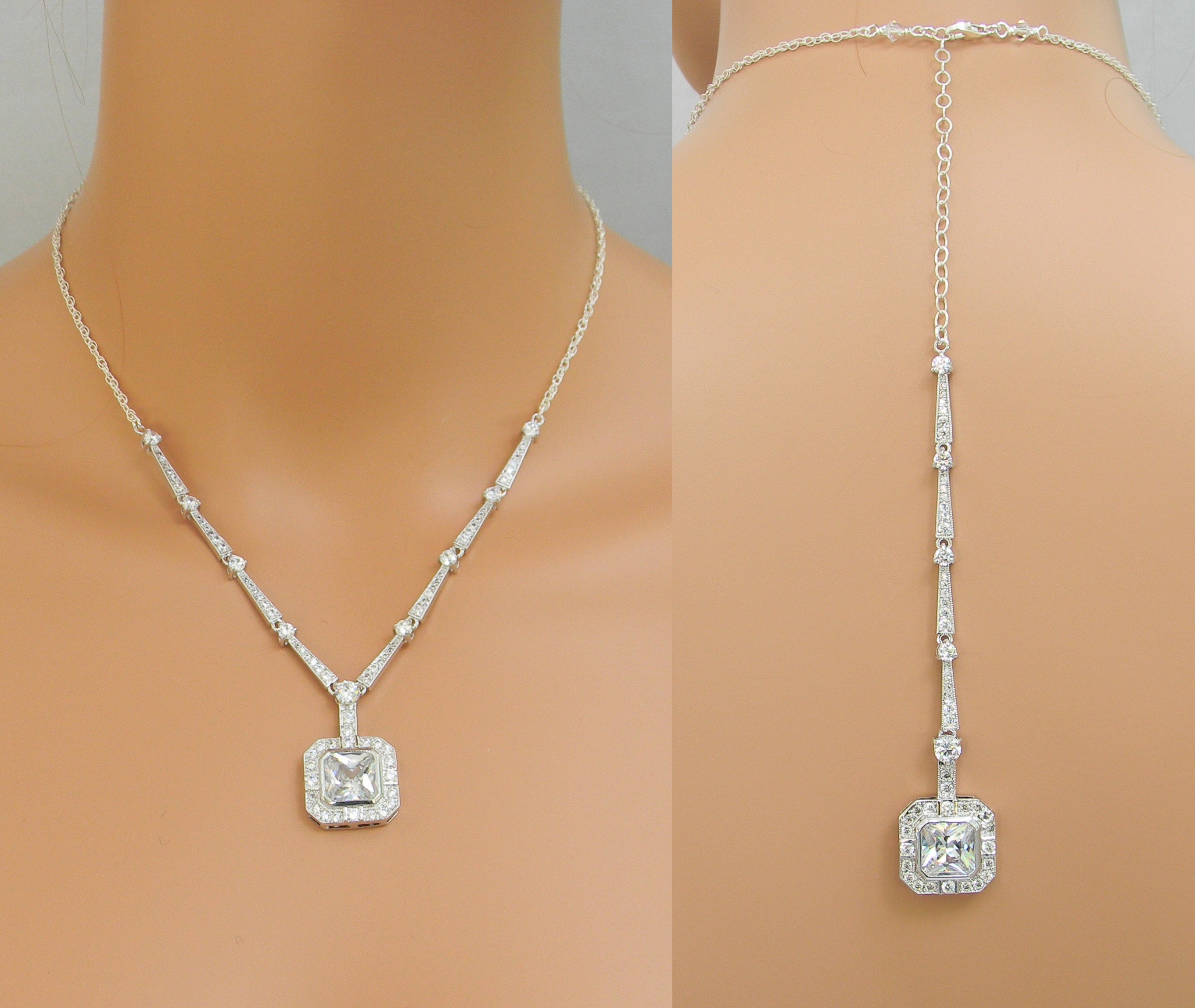 Back Drop Bridal Necklace Princess Cut Crystal Wedding | Etsy