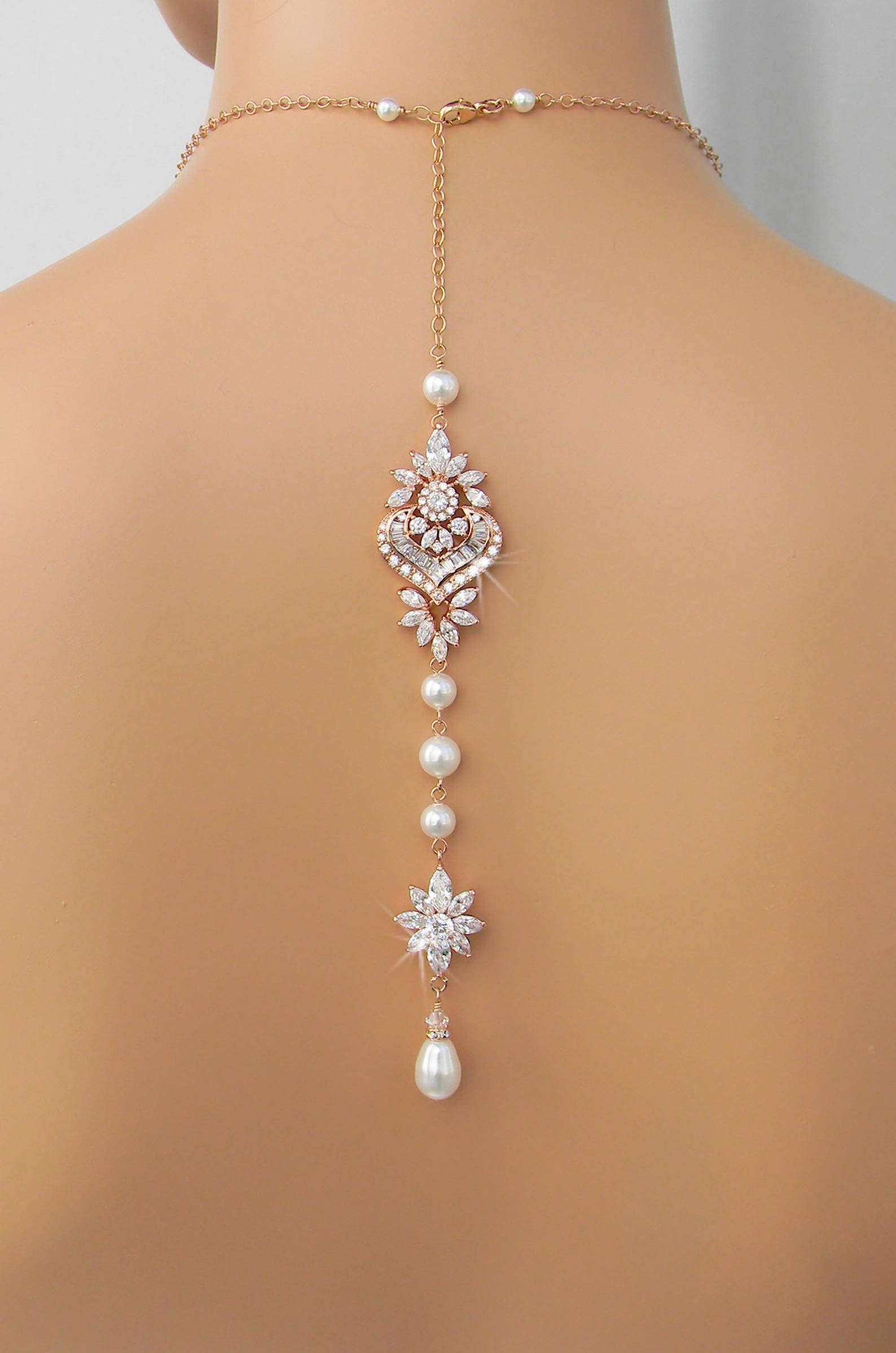 Back Drop Bridal Necklace Crystal & Pearl Wedding Necklace | Etsy