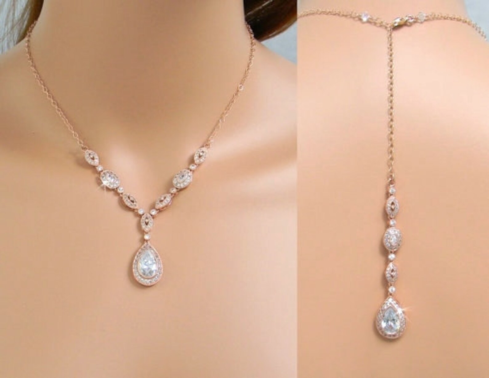 Bridal Backdrop Necklace Rose Gold Backdrop Necklace Vintage Etsy