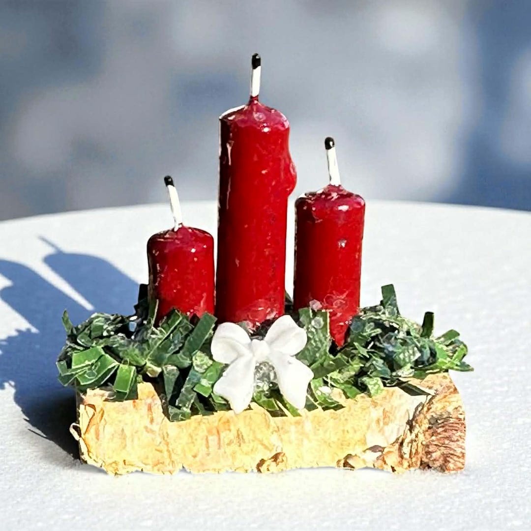 Mini Yule Log With Candles & Bow | 1:12 Scale Victorian Dollhouse Decor ...