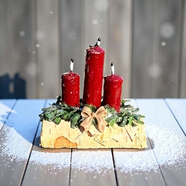 Mini Yule Log With Candles & Bow | 1:12 Scale Victorian Dollhouse Decor ...