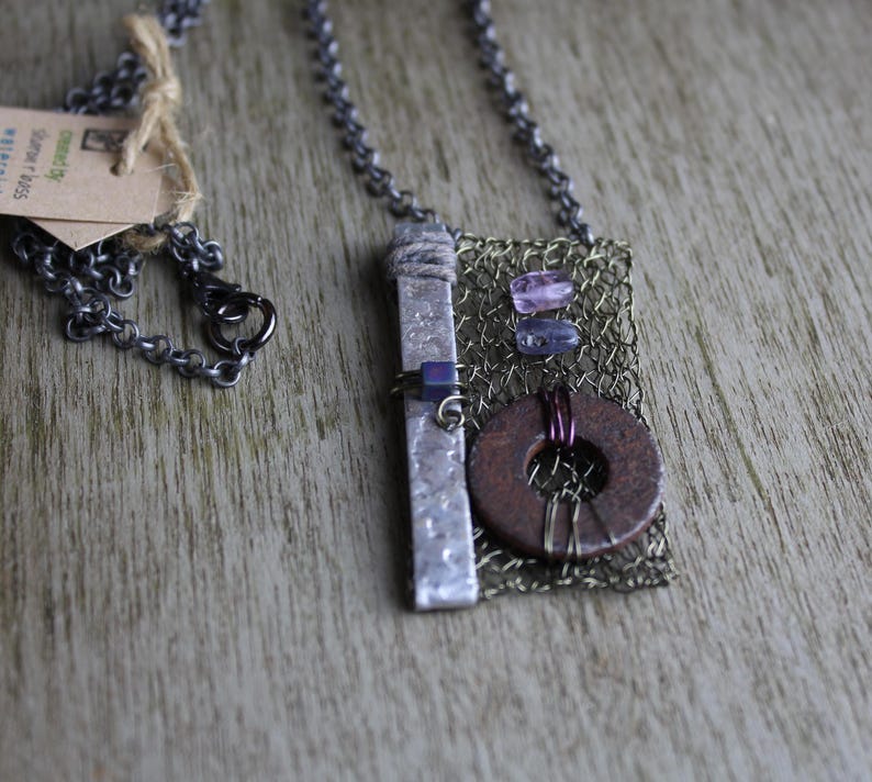 Gunmetal Wire and Gemstone and Reused Objects Pendant Necklace - Etsy