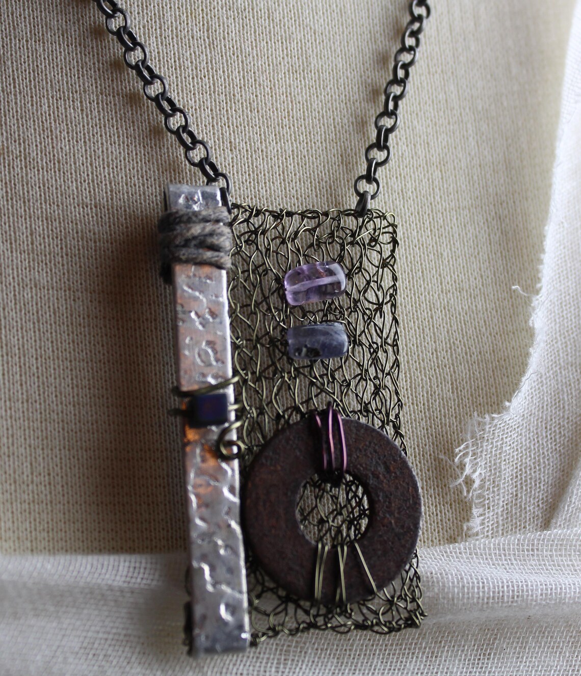Gunmetal Wire and Gemstone and Reused Objects Pendant Necklace - Etsy