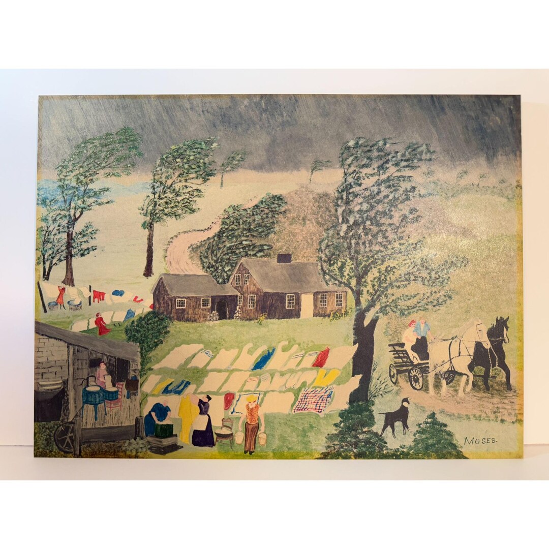 Vintage Grandma Moses Taking in the Laundry Primitive Art Print 16x12 ...