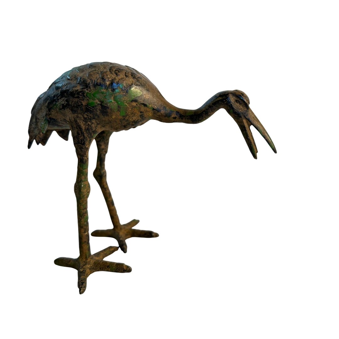 Vintage Bird Crane Metal Statue Figurine Egret Heron Patina Brass 6 ...