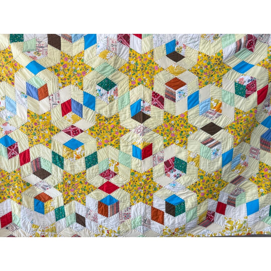 Vintage Tumbling Blocks Star Handmade Quilt Blanket 80 X 54 Colorful - Etsy