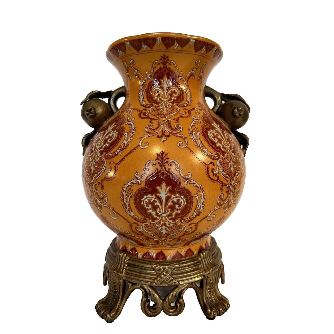 Mark Roberts Vase Porcelain Bronze 10 Pomegranate Footed Fleur De Lis ...