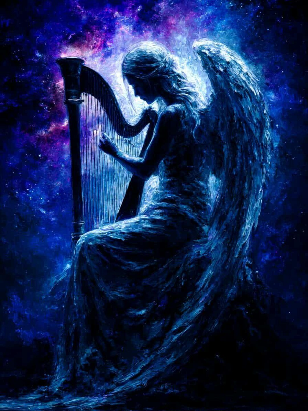 Blue Angel and Harp Art Print - Etsy
