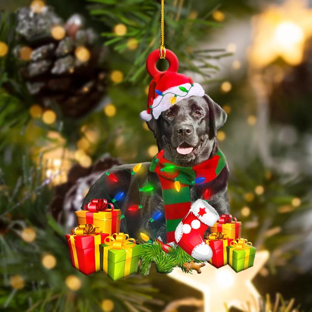 Black Labrador Christmas Ornament, Cute Dog Holiday Decor, Santa Hat ...