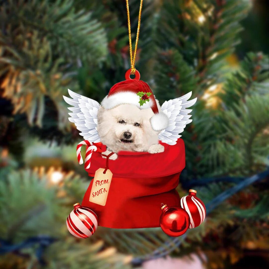 Bichon Frise Angel Christmas Ornament – Cute Dog in Santa Gift Bag With ...