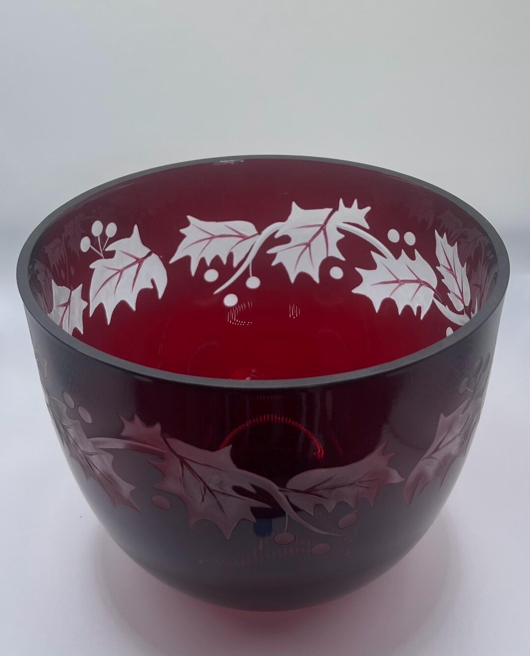 Vintage Teleflora Ruby Red Glass Bowl – Etched Holly & Berries - Etsy