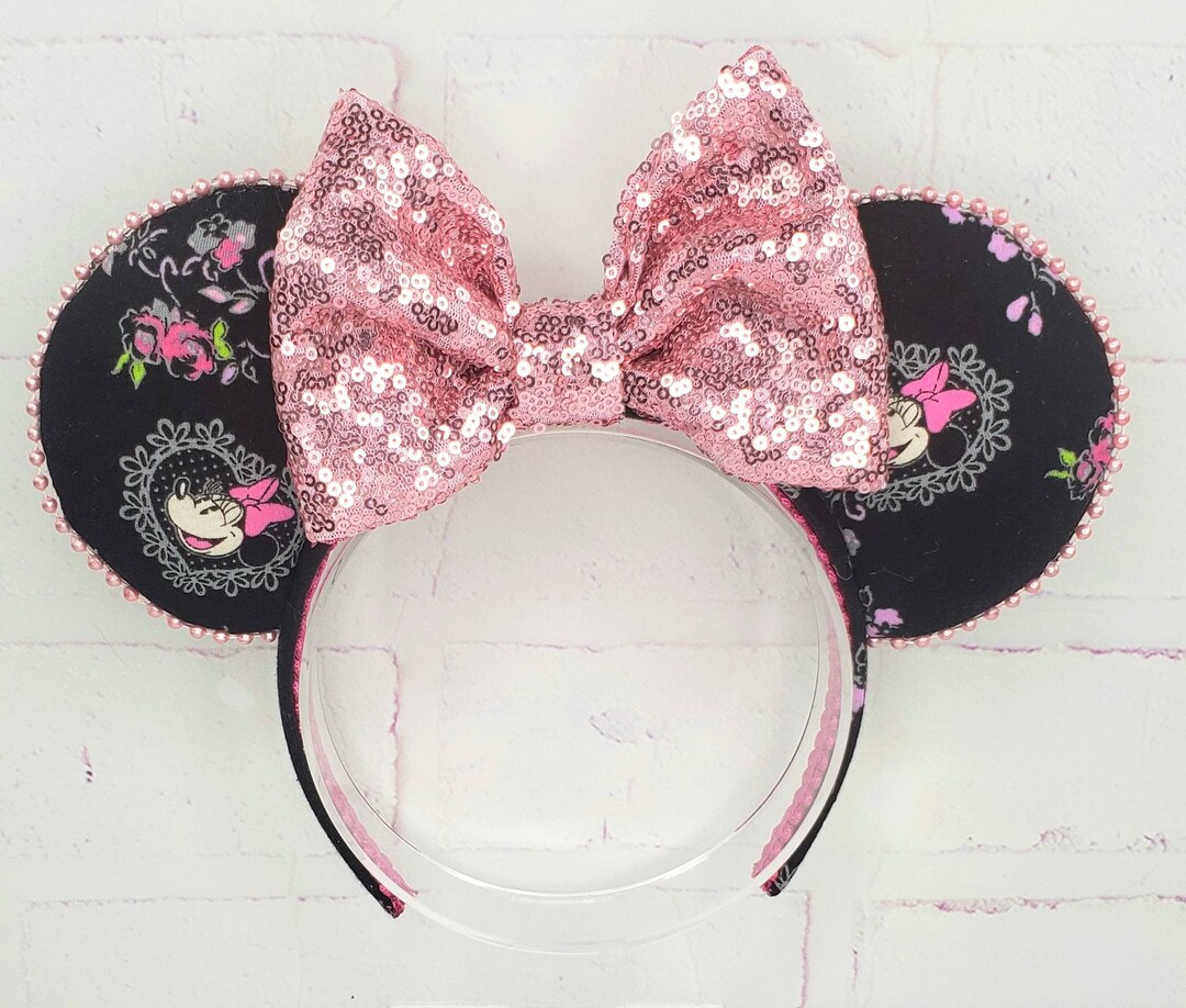 Minnie Mouse Ears Headband, Floral Print Ears W/ Sequin Bow, Black Ears ...
