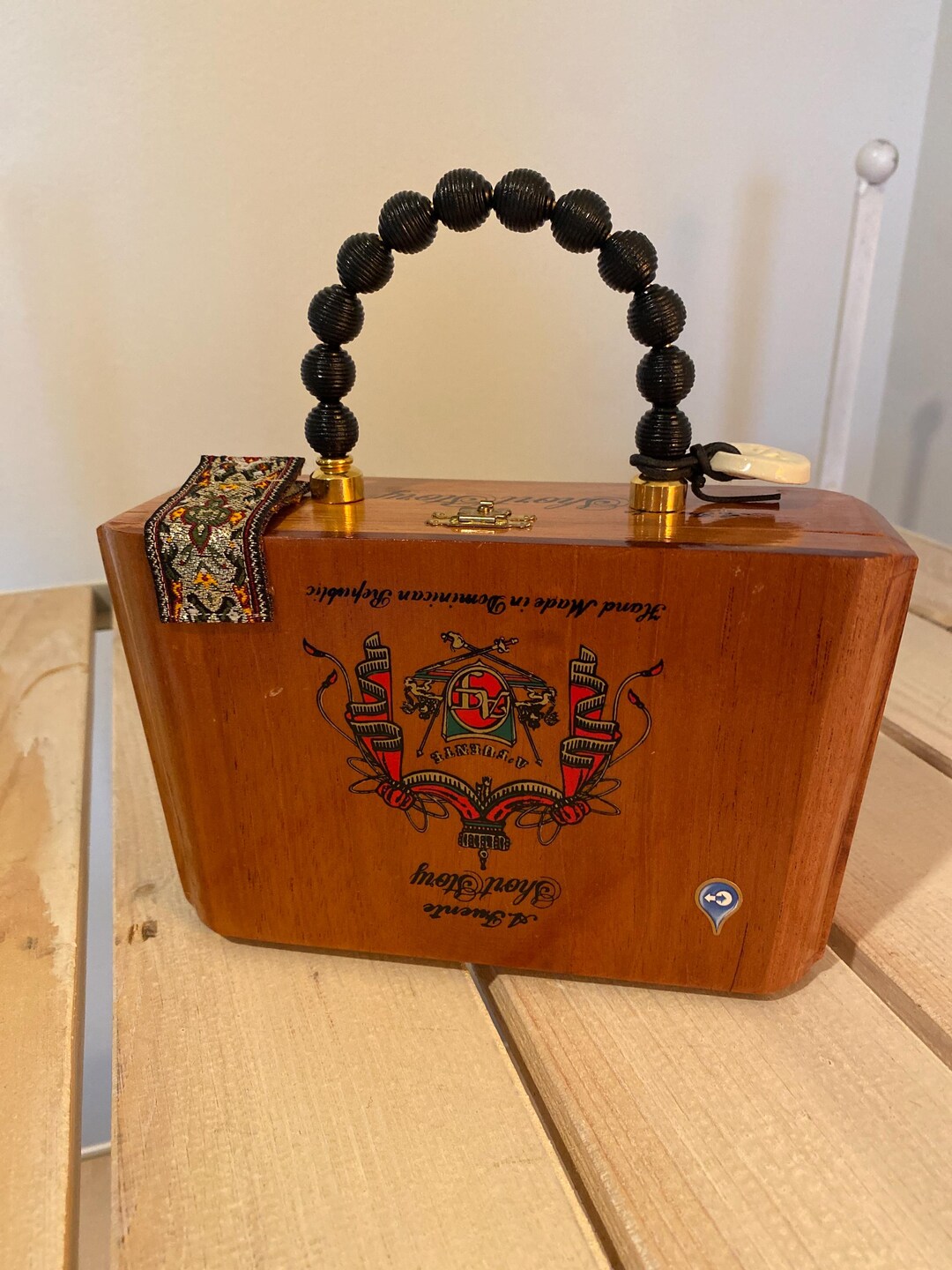 Rare Wood ANA Cigar Box Purse With Bead Handle and Custom Fabric Lining ...