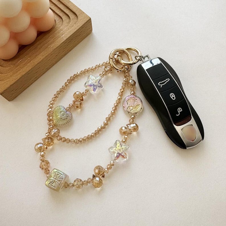 Champagne Crystal Phone Charm: Vintage Gold Beaded Strap Lanyard - Etsy