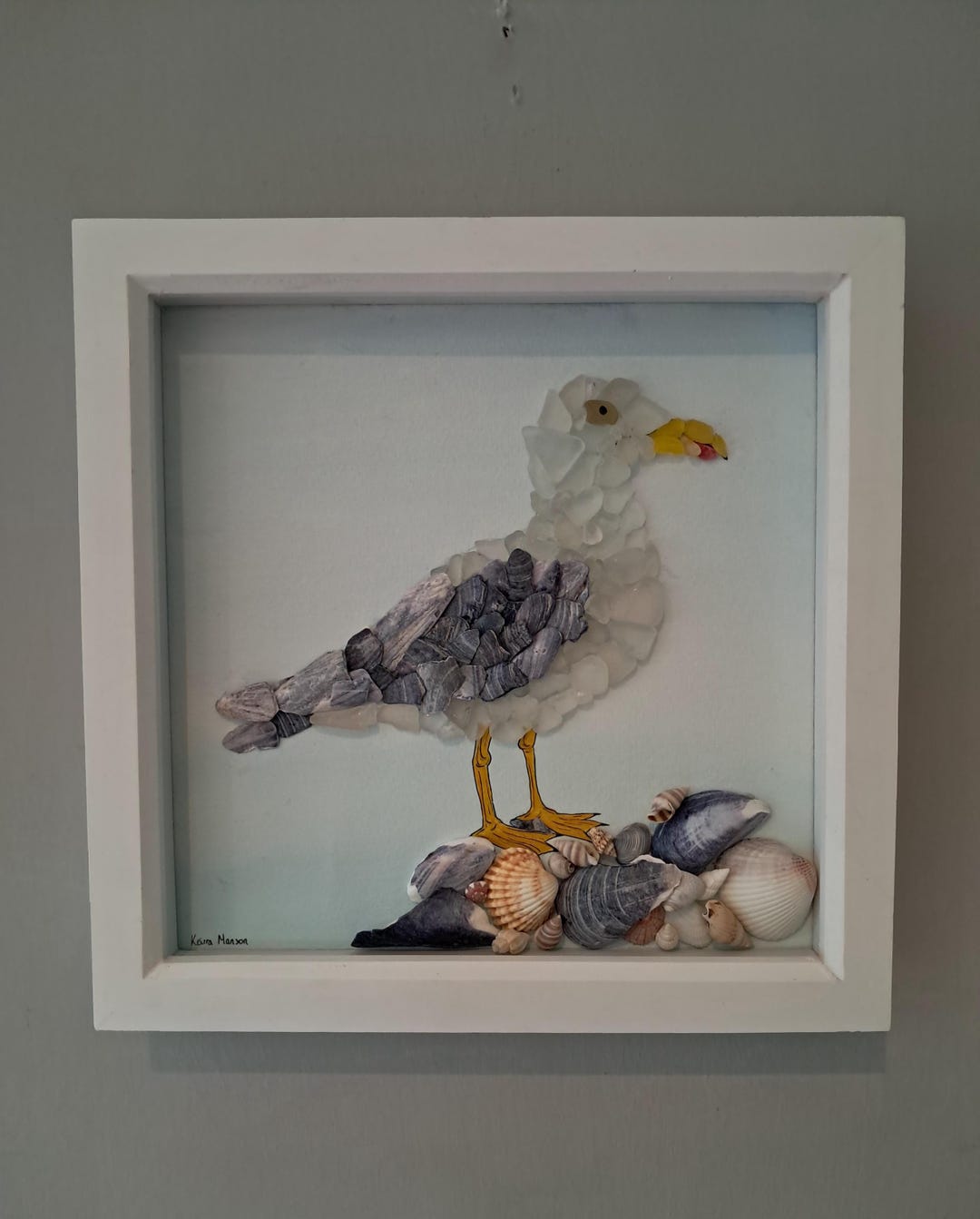 Sea Glass and Shell Seagull Artwork: Framed Original Coastal Wall Decor ...