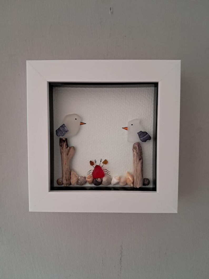 Sea Glass Seagulls and Crab Beach Art. Framed Coastal Decor. - Etsy