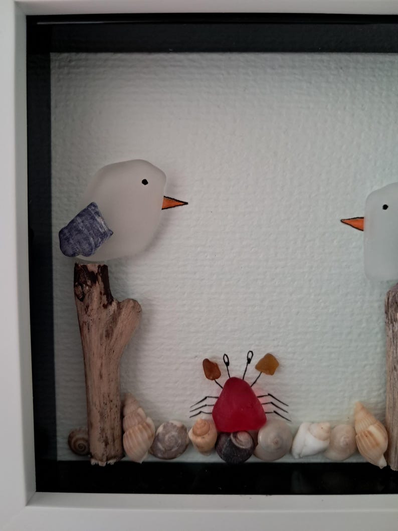 Sea Glass Seagulls and Crab Beach Art. Framed Coastal Decor. - Etsy