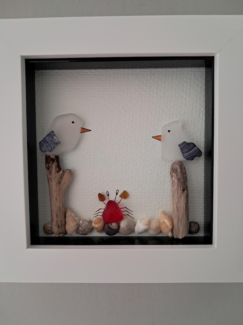 Sea Glass Seagulls and Crab Beach Art. Framed Coastal Decor. - Etsy