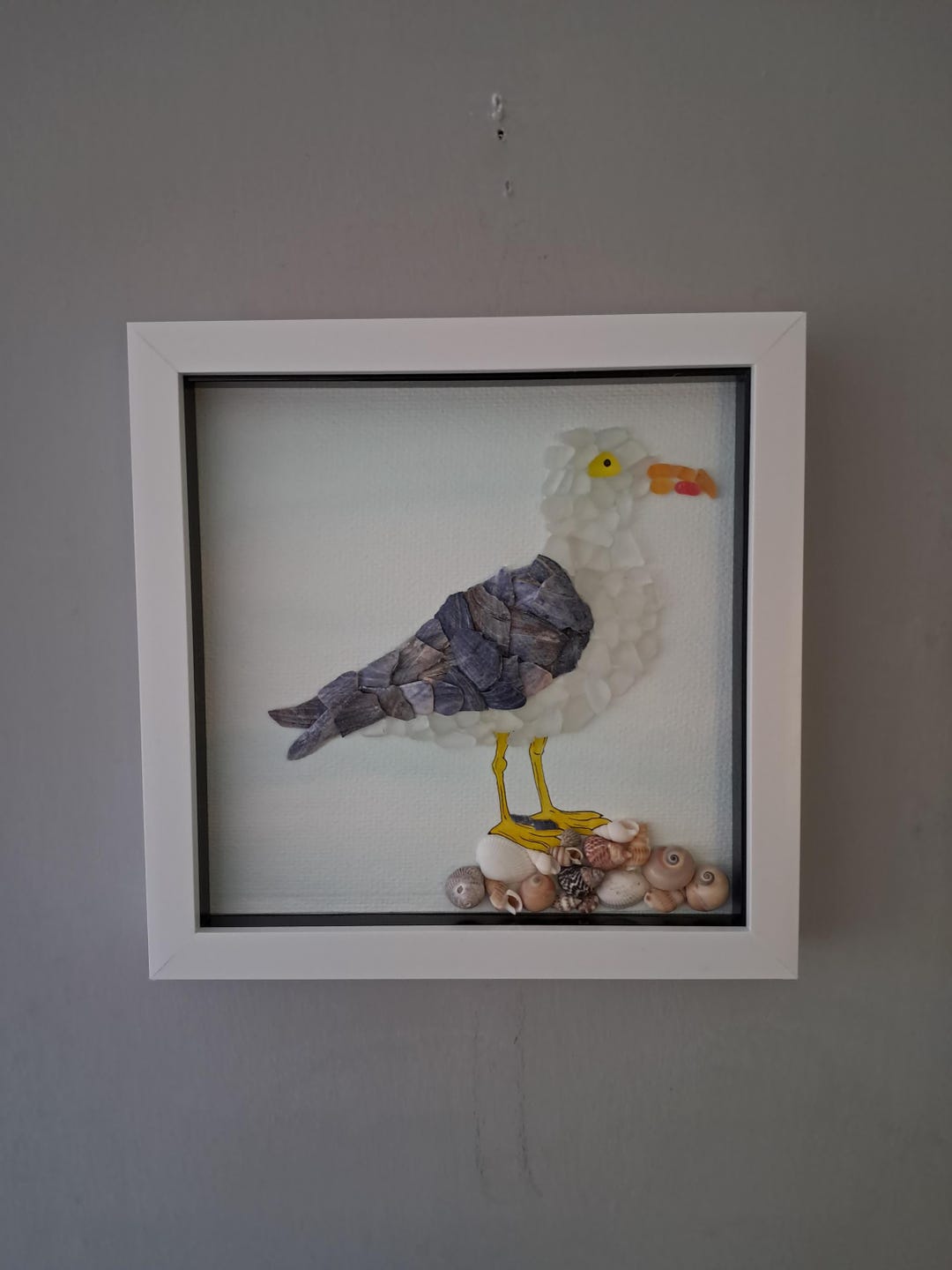 Sea Glass and Shell Seagull Artwork: Framed Original Coastal Wall Decor ...