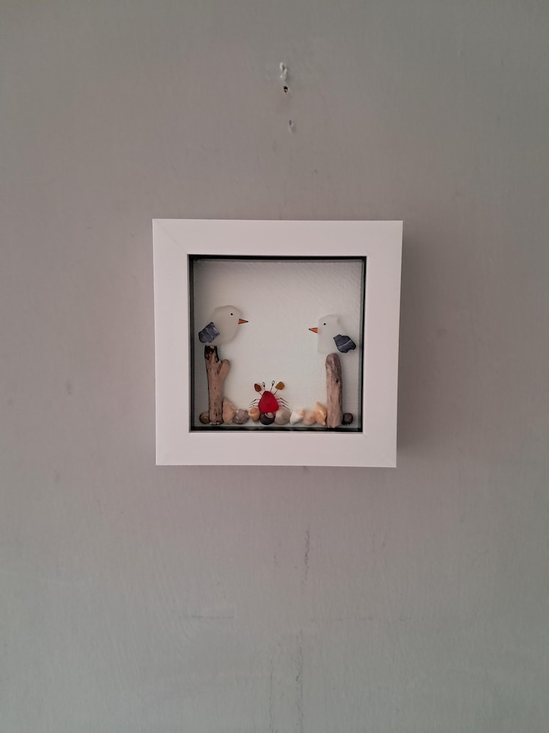 Sea Glass Seagulls and Crab Beach Art. Framed Coastal Decor. - Etsy