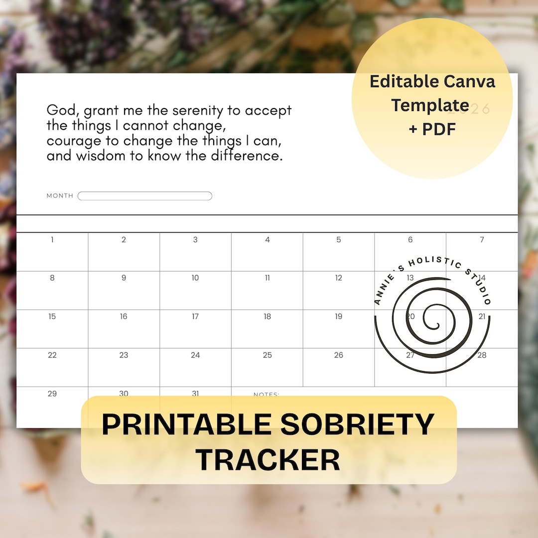 2026 Sobriety Tracker Printable | Serenity Prayer Recovery Calendar ...