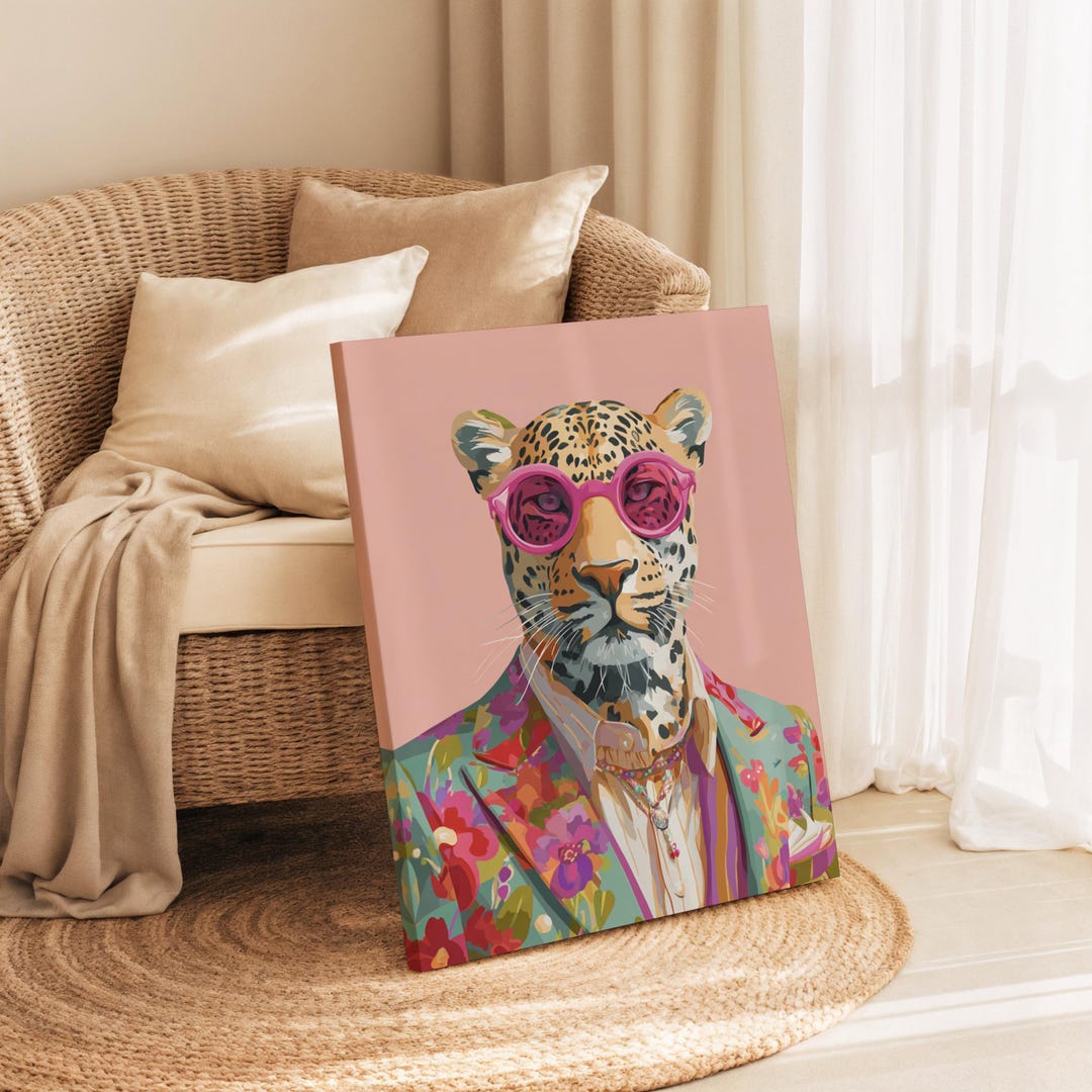 Leopard Portrait Wall Art Stylish Animal Sunglasses Floral Jacket ...