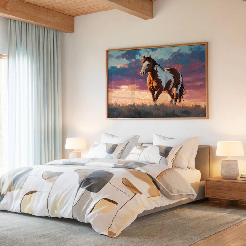 Horse Sunset Wall Art Western Landscape Painting Prairie Sky Equine ...