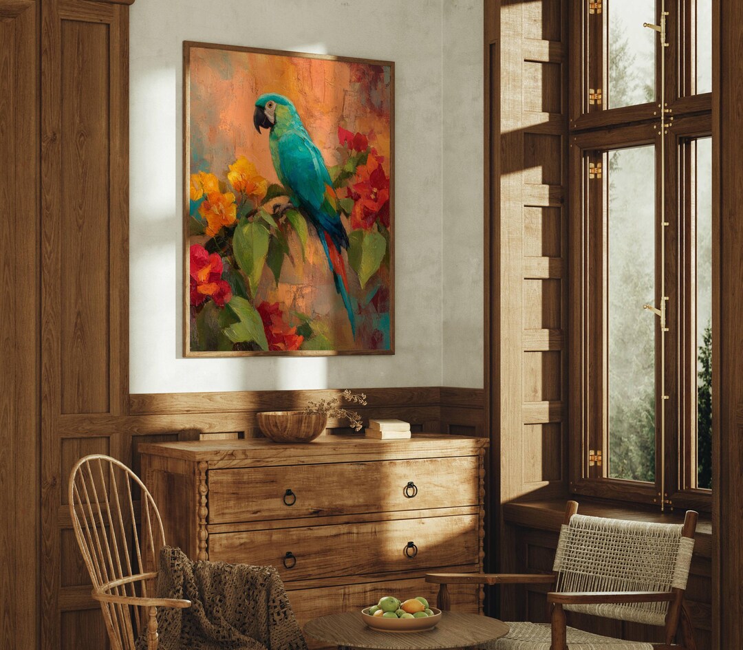 Turquoise Parrot Wall Art Tropical Flowers Bird Botanical Landscape ...