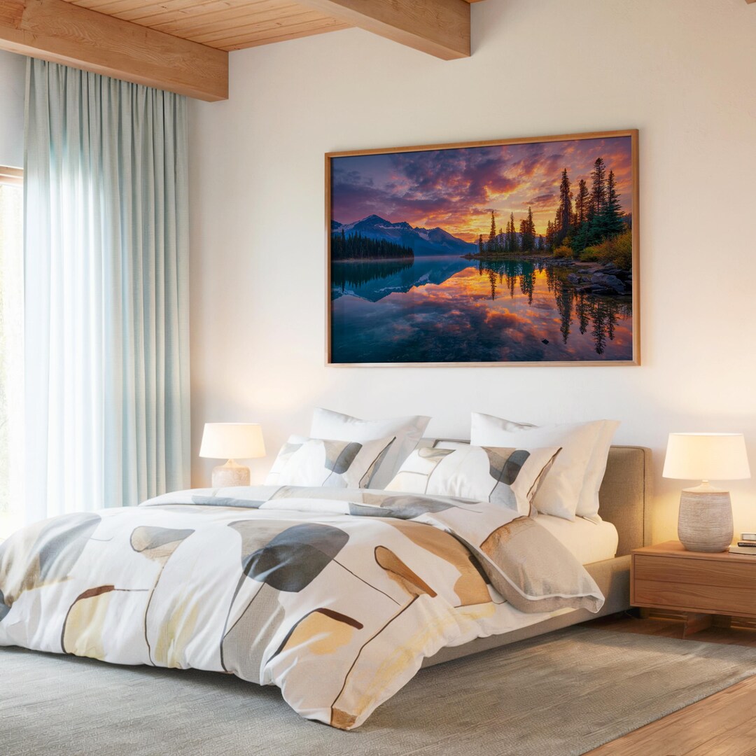 Mountain Lake Wall Art Fiery Sunset Reflection Alpine Landscape - Etsy
