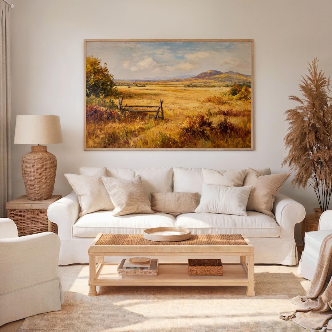Countryside Field Landscape Wall Art Rustic Fence Meadow Hills Autumn ...