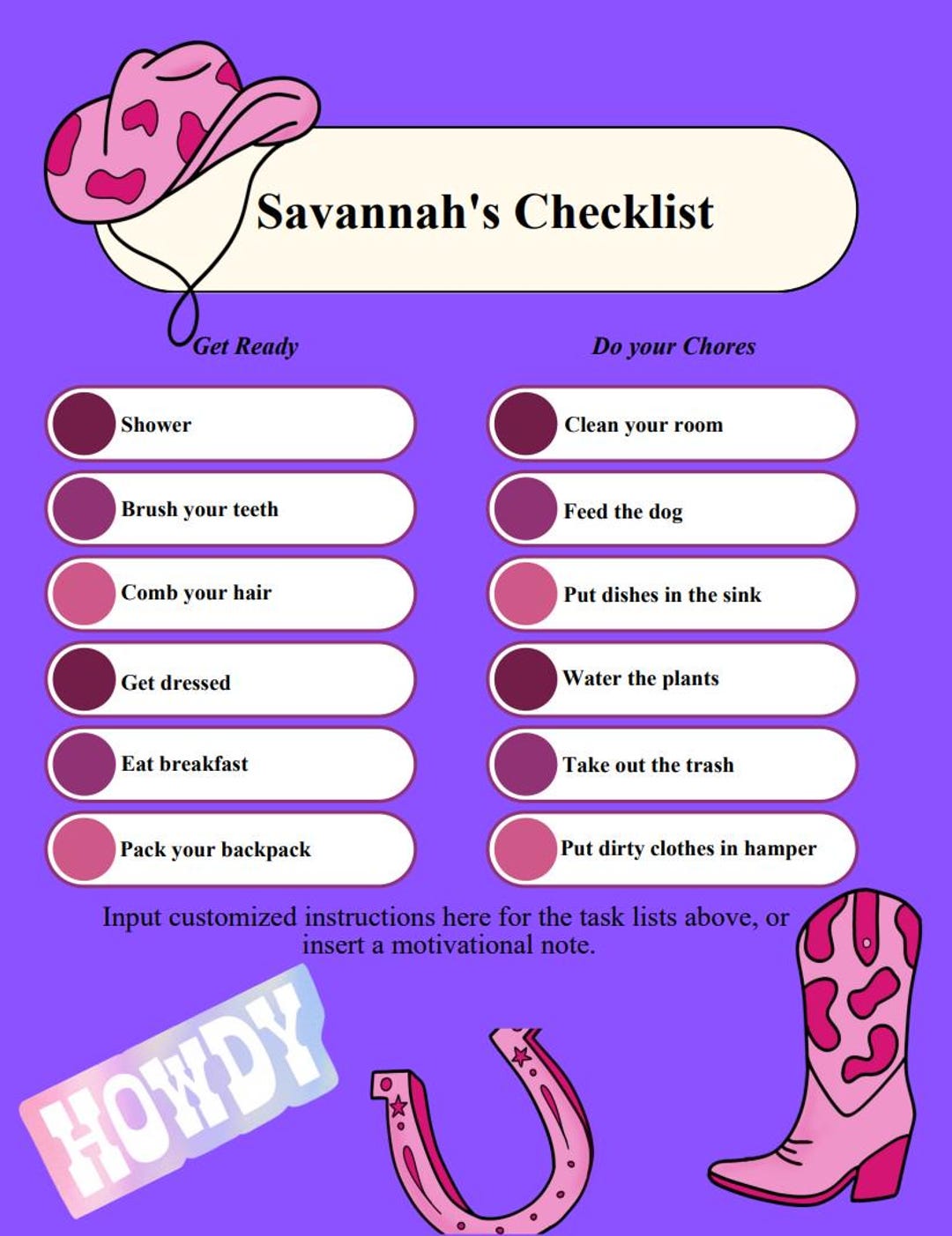 Cowgirl Chore Chart: Editable Kids Routine, Pink & Purple (digital ...