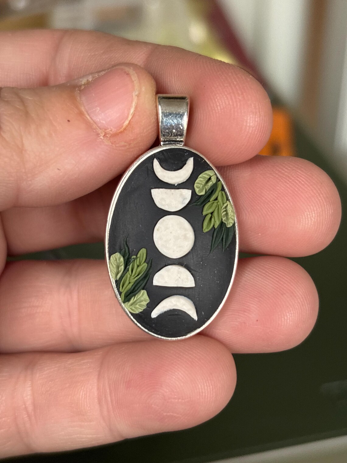 Necklace Pendant With Chain- Lunar Cycle With Foliage. - Etsy